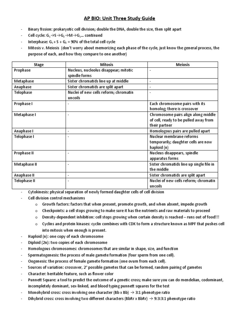 AP Bio Unit 3 Study Guide | PDF | Mitosis | Meiosis