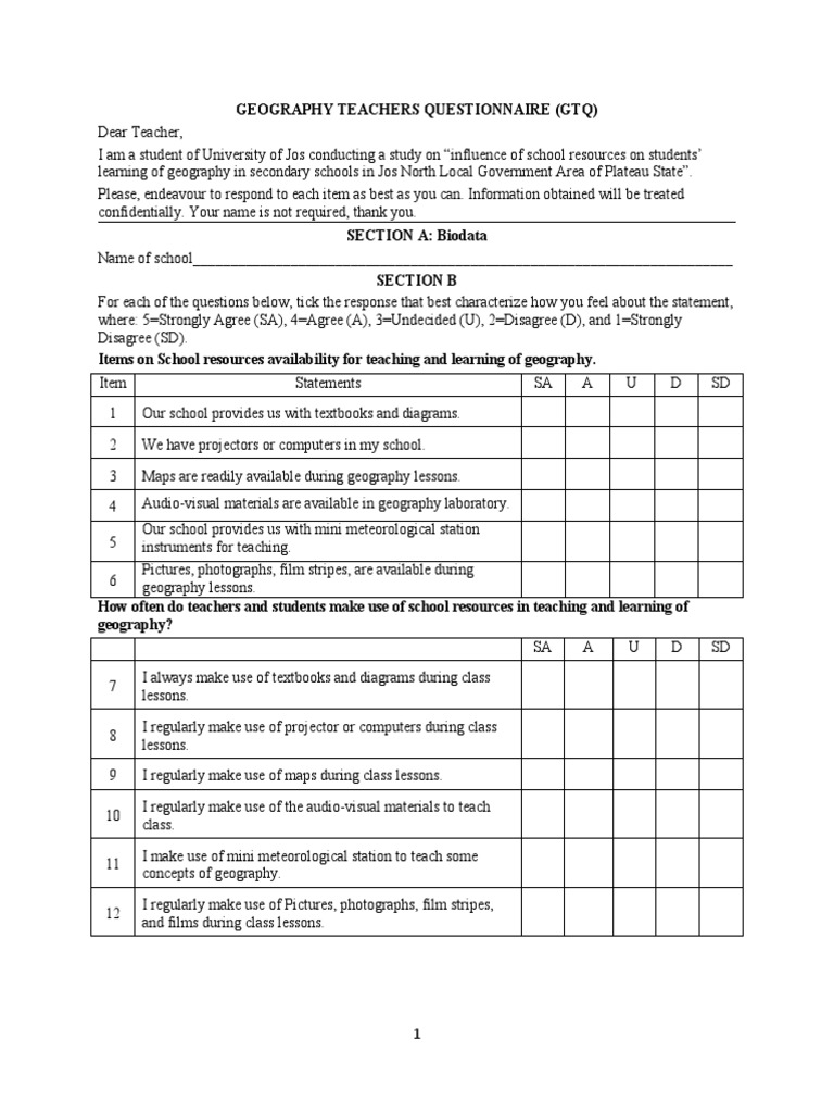 Geography Teachers Questionnaire (GTQ) | PDF