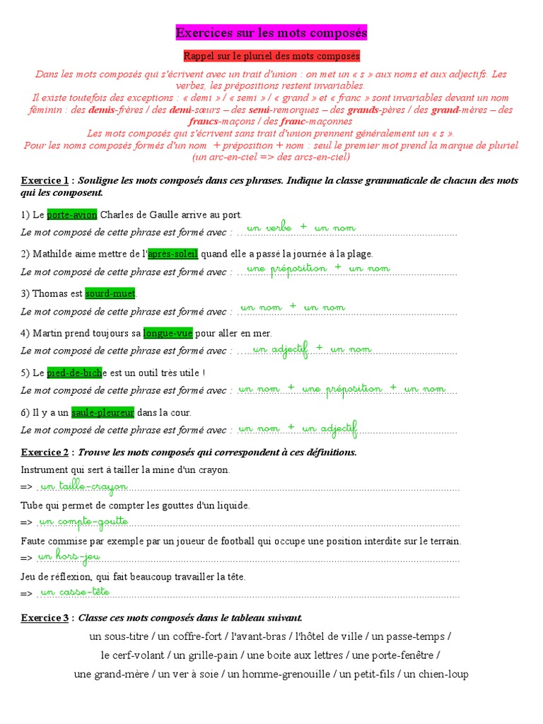 Exercices Sur Les Mots Composés Correction 1 | PDF | Phrase | Nombre grammatical