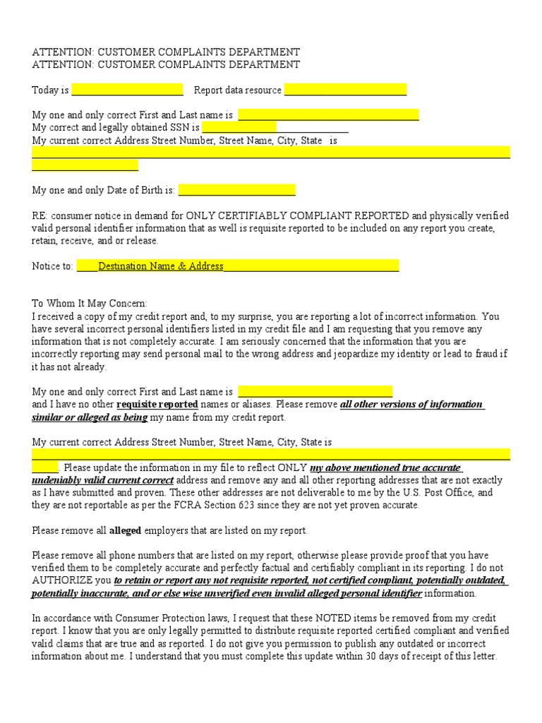 Request to Remove Incorrect Personal Information from Credit Report and ...