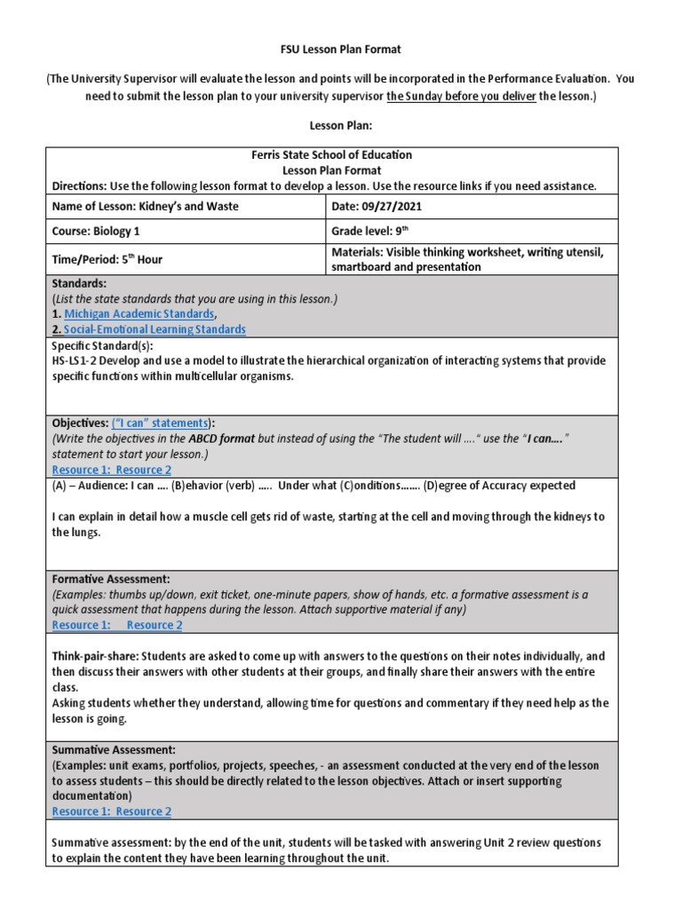 9th Grade Biology Lesson Plan: Kidneys | PDF | Differentiated ...