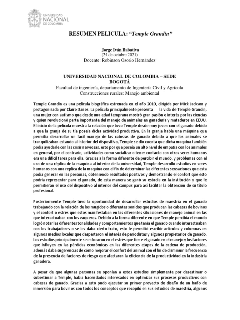 Resumen Pelicula Temple Grandin Jorge Iván Babativa | PDF | Vacas ...