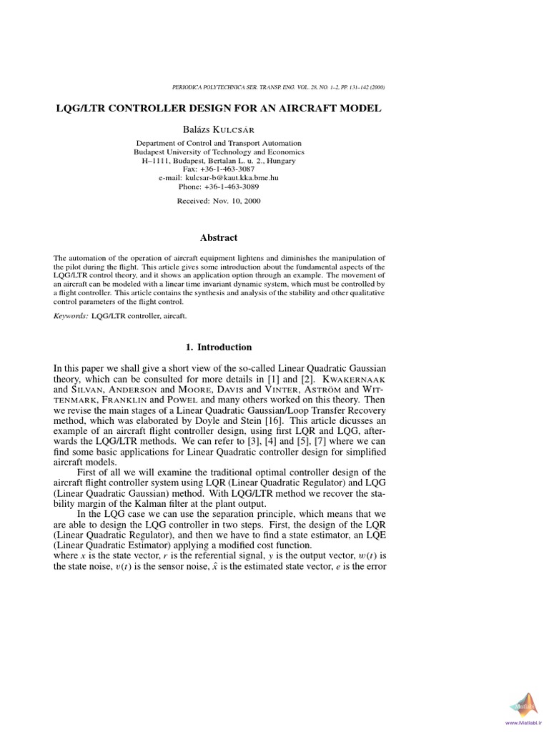 LQG LTR Controller Design For An Aircraft Model | PDF | Kalman Filter ...