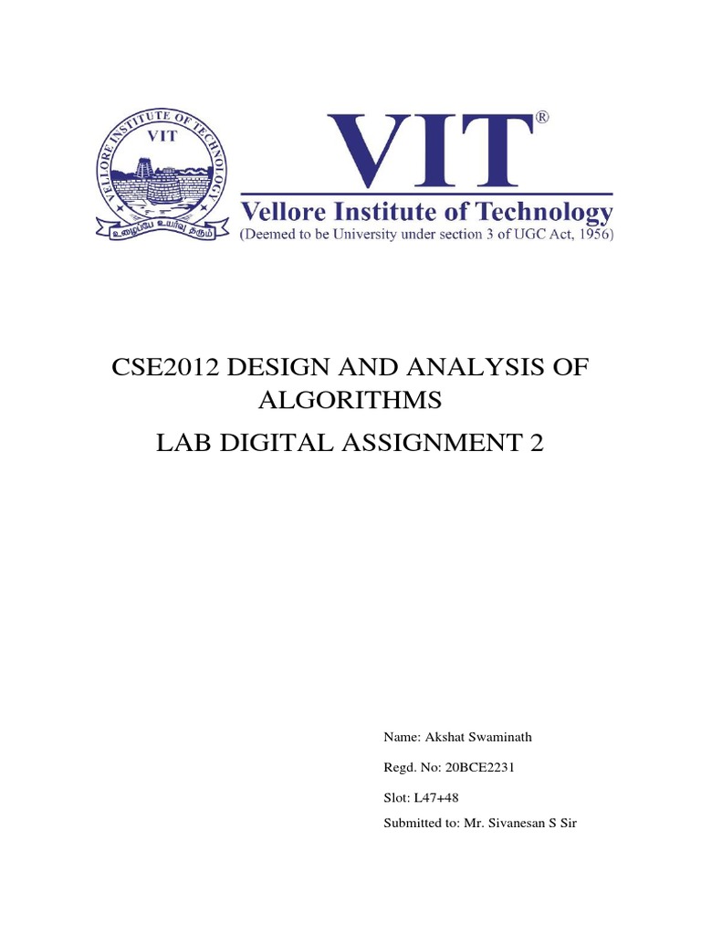 Cse2012 Design and Analysis of Algorithms Lab Digital Assignment 2 | PDF | Algorithms | Applied ...