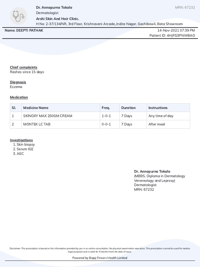 Eczema Treatment Prescription by Dr. Tokala | PDF