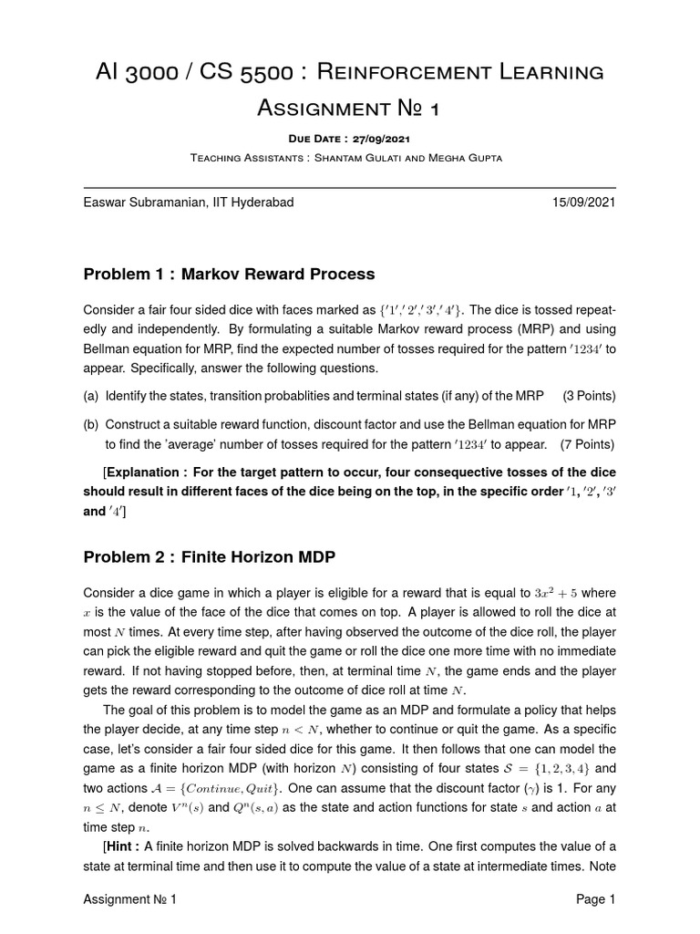 AI 3000 / CS 5500: Reinforcement Learning Assignment 1: Problem 1: Markov Reward Process | PDF ...