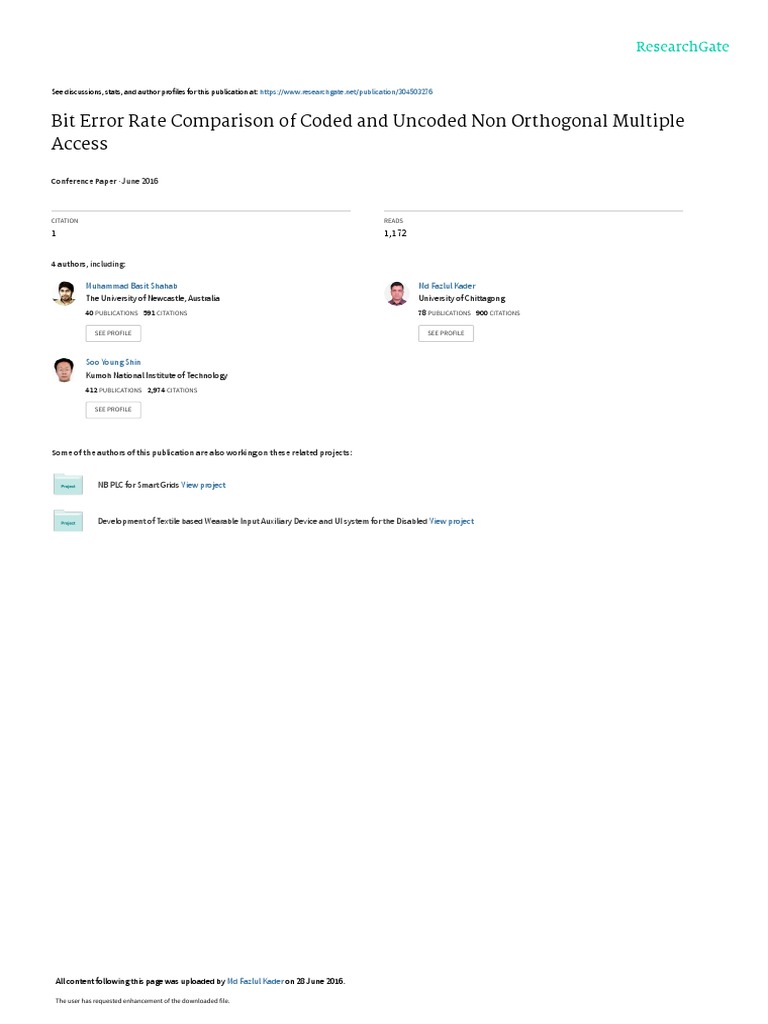 Bit Error Rate Comparison of Coded and Uncoded Non Orthogonal Multiple Access | PDF | Computer ...