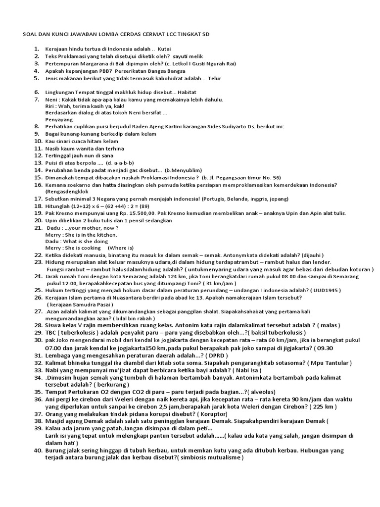 Soal Dan Kunci Jawaban Lomba Cerdas Cermat LCC Tingkat SD PB | PDF