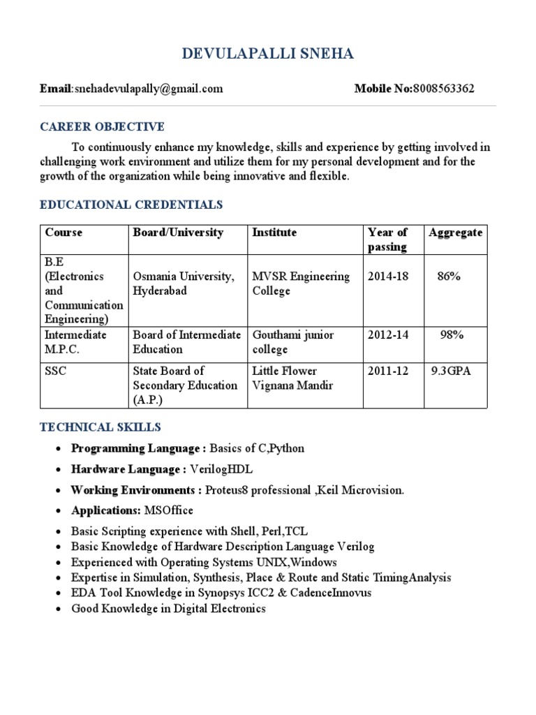 Devulapalli Sneha: Career Objective | PDF | Computer Engineering | Computing
