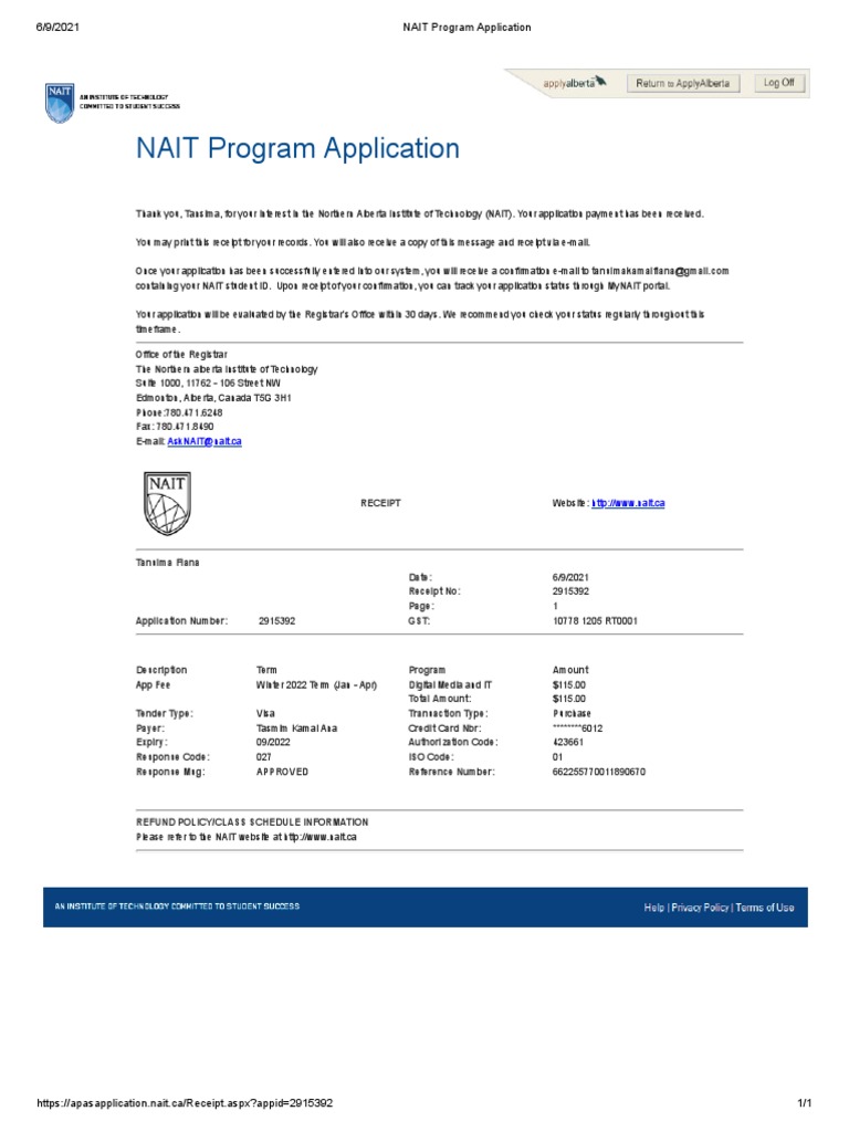 NAIT Program Application | Download Free PDF | Receipt | Credit Card