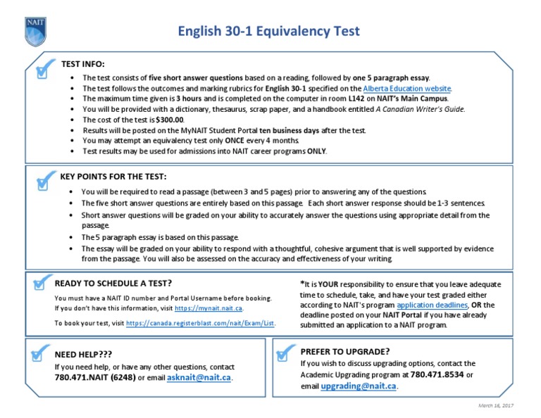NAIT English 30-1 Equivalency Test Guide | PDF | Essays