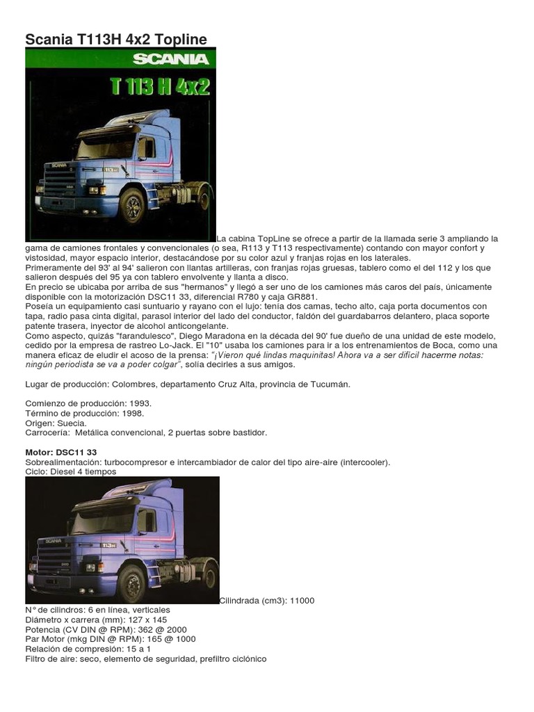 Scania T 113H 4x2 Topline 360 | PDF | Camión | Bienes manufacturados Scania T 113H 4x2 Topline 360 | PDF | Camión | Bienes manufacturados
