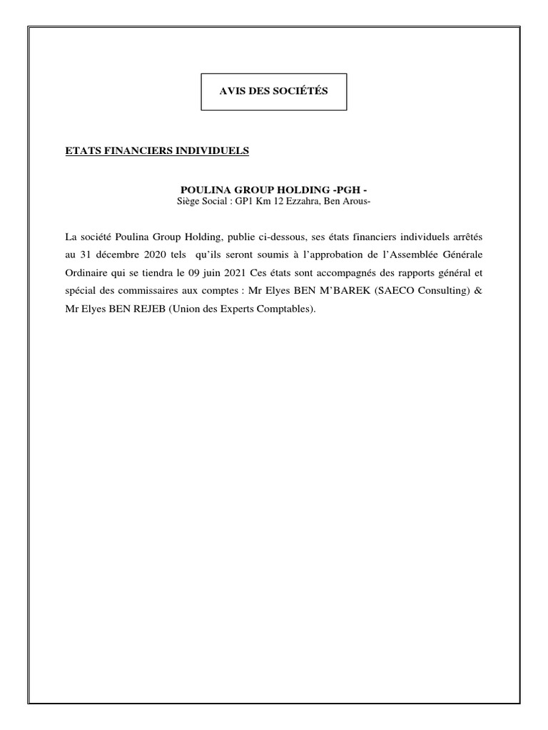 États financiers de Poulina Group 2020 | PDF | Comptabilité | Action ...