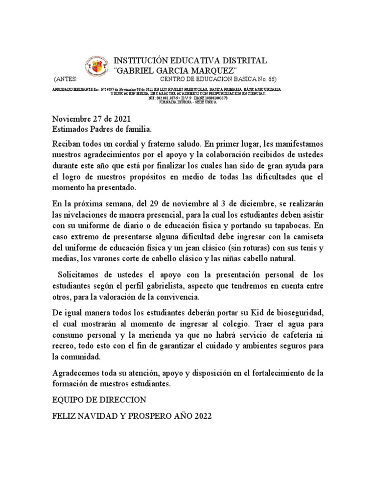 Mensaje A Padres de Familia - Finalizacion Año 2021-Convivencia | PDF