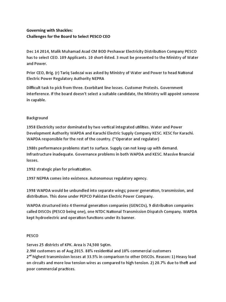 PESCO CEO Selection Challenges | PDF | Electric Power Transmission ...