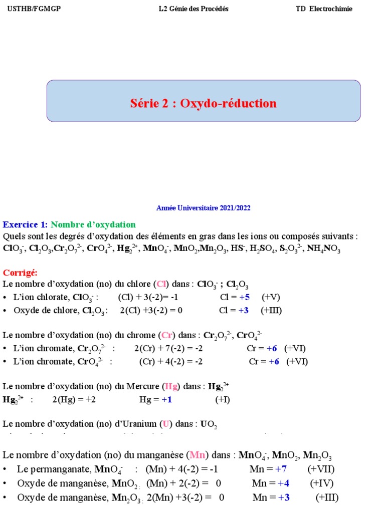 Série 2 Oxydo Réduction | PDF | Réaction d'oxydoréduction | Manganèse
