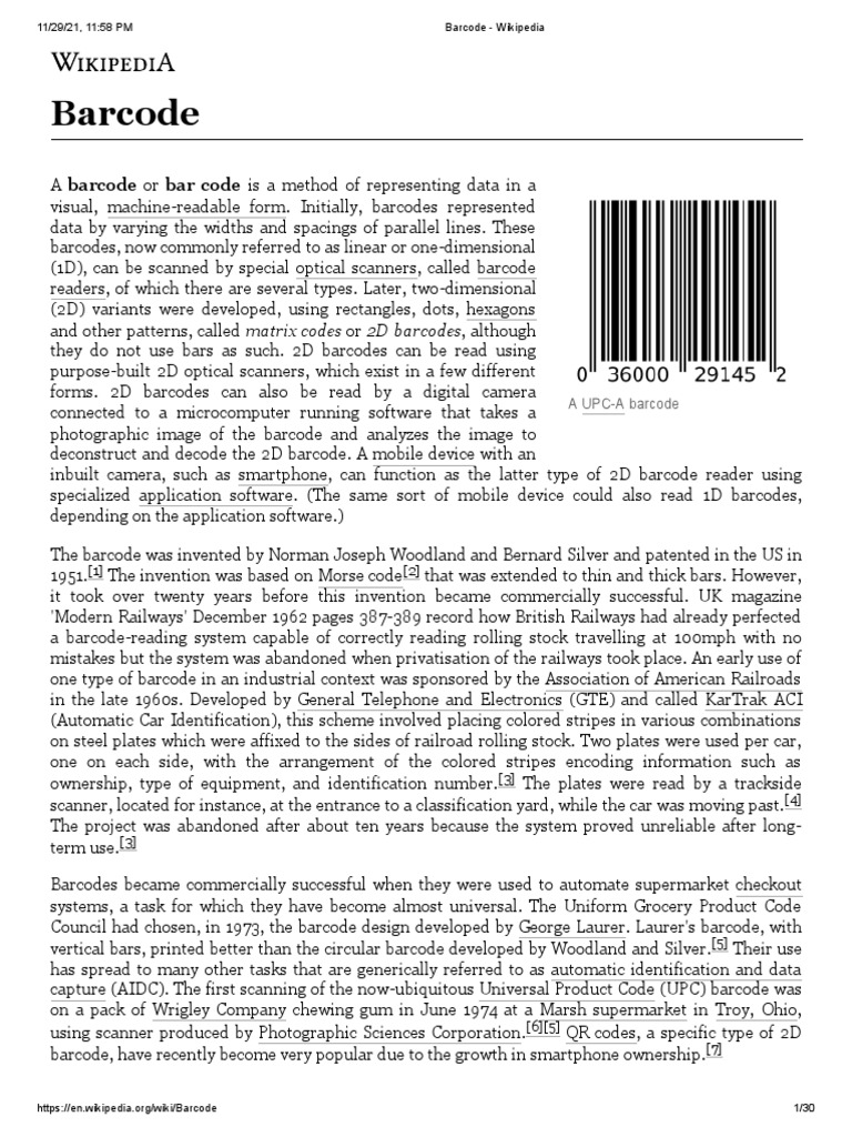 Barcode or Bar Code Is A Method of Representing Data in A Visual | PDF | Barcode | Universal ...