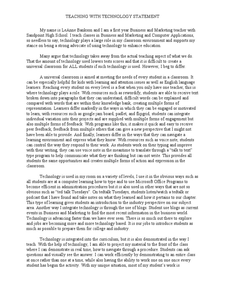 Teaching With Technology Statement | PDF | Classroom | Curriculum