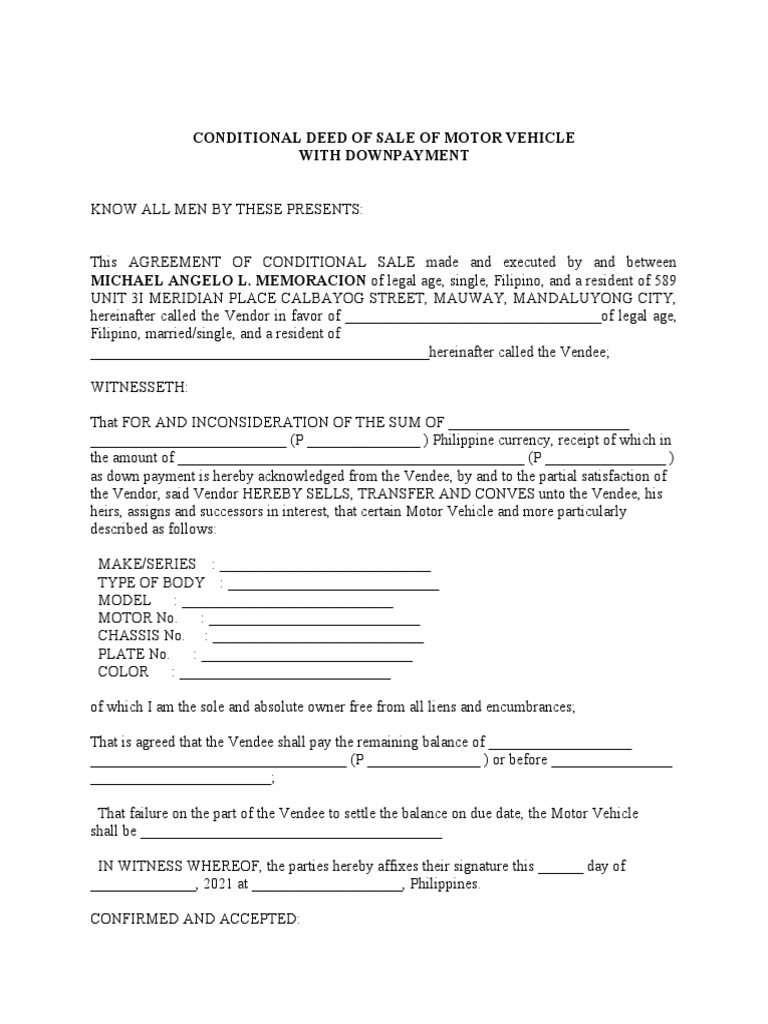 Conditional Deed of Sale of Motor Vehicle | PDF | Civil Law (Common Law ...