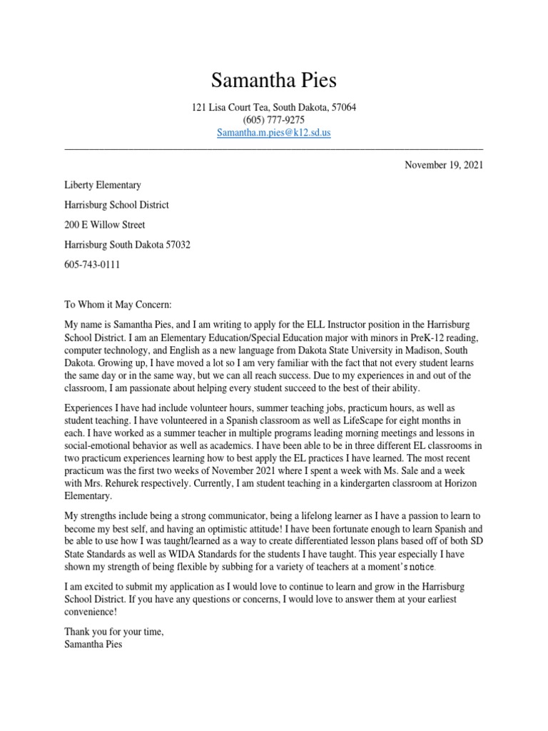 ELL Instructor Cover Letter 2021 | PDF | Teachers | Classroom