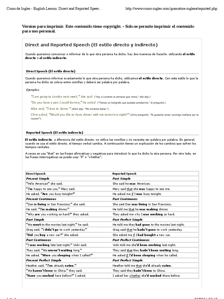 Curso de Ingles - English Lesson - Direct and Reported Speech (Lección de Inglés - El Estilo ...