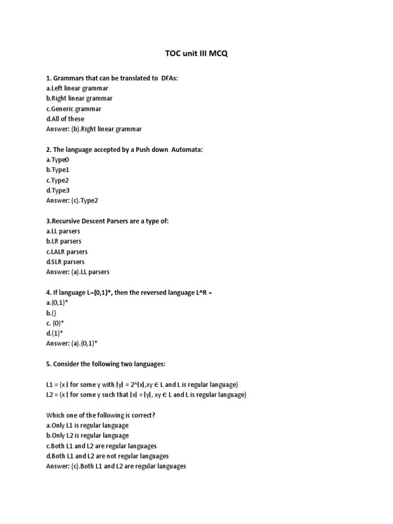 TOC Unit III MCQ | PDF | Parsing | Formalism (Deductive)