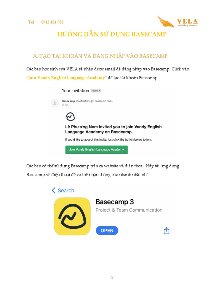 Hướng Dẫn Sử Dụng Basecamp: A. Tạo Tài Khoản Và Đăng Nhập Vào Basecamp | PDF