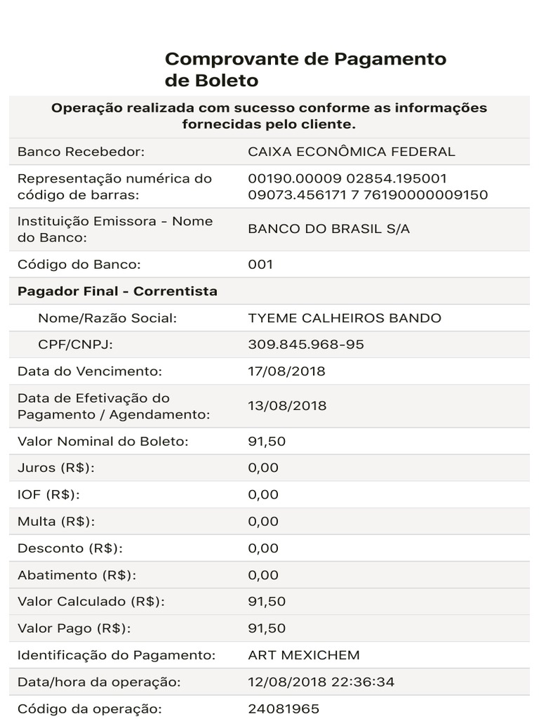 Comprovante de Pagamento de Boleto | PDF