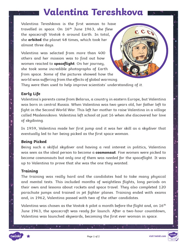 UKS2 Valentina Tereshkova Differentiated Reading Comprehension Activity ...