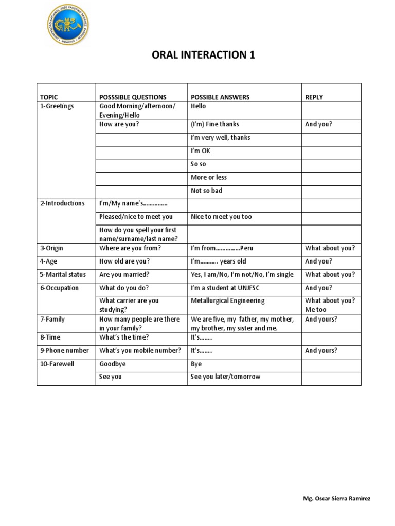 Oral Interaction 1: Topic Posssible Questions Possible Answers Reply | PDF
