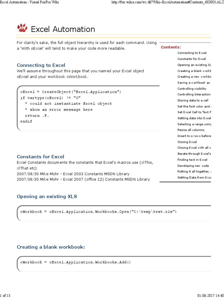 Excel Automation - Visual FoxPro Wiki | PDF | Microsoft Excel ...