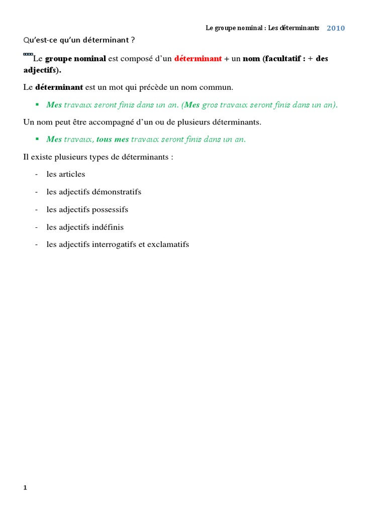Comprendre les déterminants en français | PDF | Genre grammatical ...