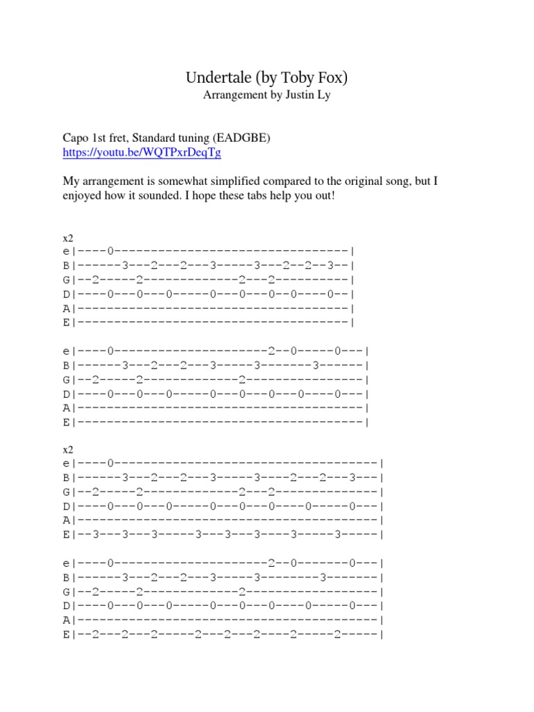 Undertale Tab (Arrangement by Justin Ly) | PDF | Guitar Family ...