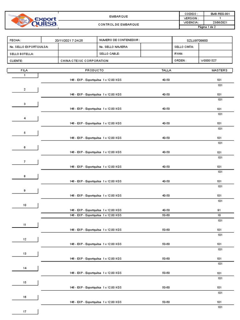 Formatos Control de Embarque Resumen | PDF