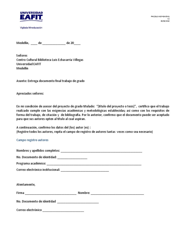 Carta Aprobacion Trabajo Grado Eafit | PDF