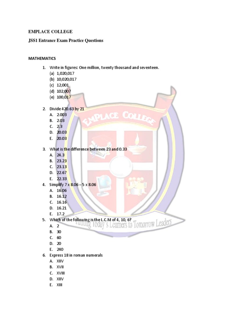 Emplace College JSS1 Entrance Exam Practice Questions | PDF ...