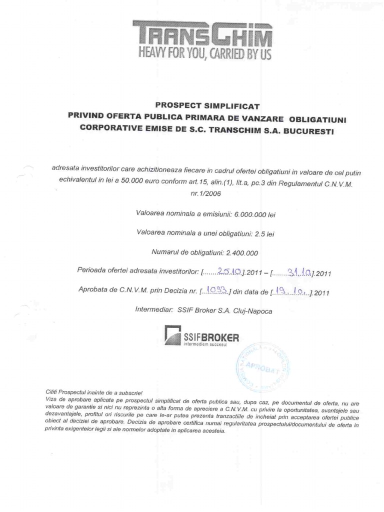 Prospect Obligatiuni Corporative Transchim | PDF