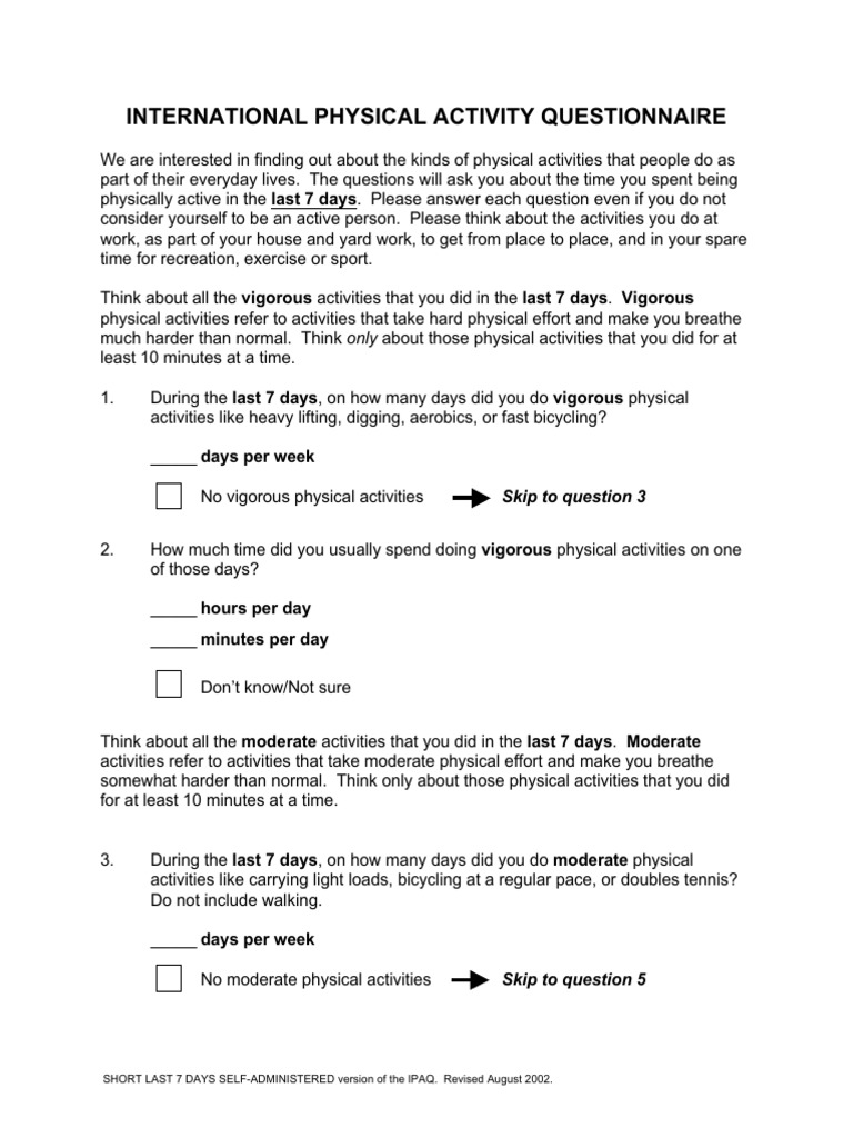 International Physical Activity Questionnaire: Skip To Question 3 | PDF ...