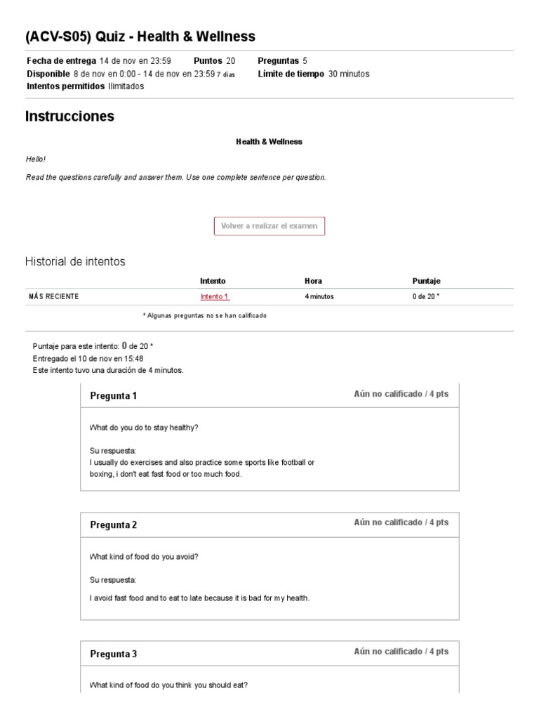 (ACV-S05) Quiz - Health & Wellness - INGLES IV (10559) | PDF | Health ...