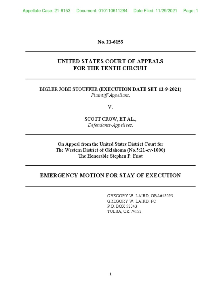 Emergency Stay Motion for Stouffer Execution | PDF | Standard Of Review ...