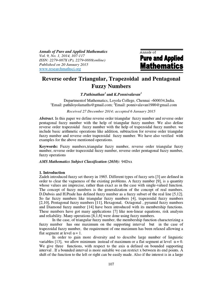 Reverse Order Triangular, Trapezoidal and Pentagonal Fuzzy Numbers | PDF | Fuzzy Logic ...