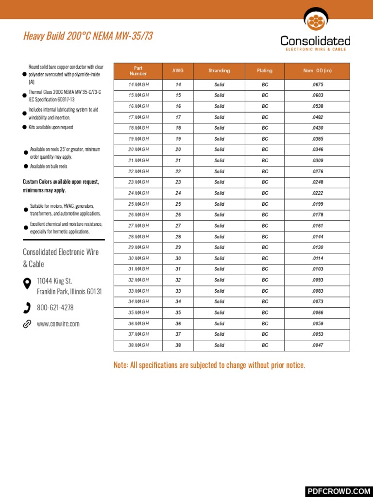 NEMA MW 35-C Magnet Wire Specifications | PDF | Equipment | Electrical ...