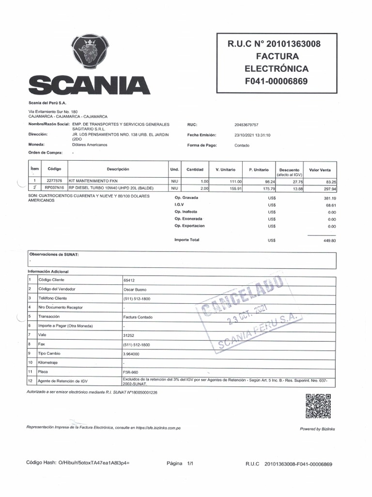Factura Scania Octubre0001 | PDF
