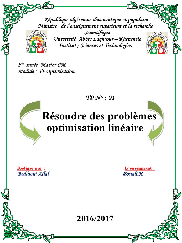 TP Optimisation Resoudre Des Problemes o | PDF | Optimisation linéaire | Optimisation mathématique
