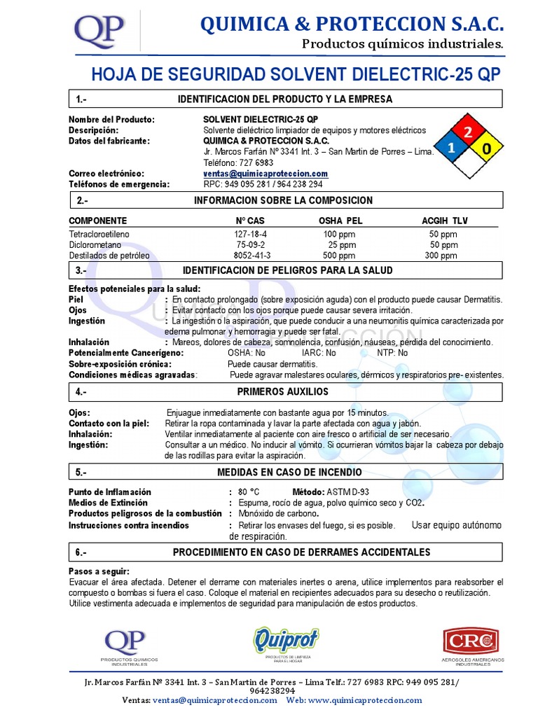 Hoja de Seguridad Solvente Dieléctrico-25 | PDF | Agua | Solvente