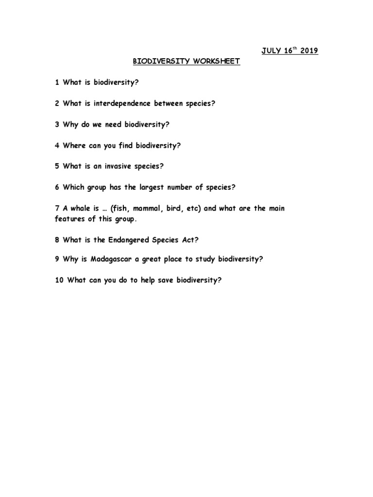 Biodiversity Worksheet Answers 1 | PDF