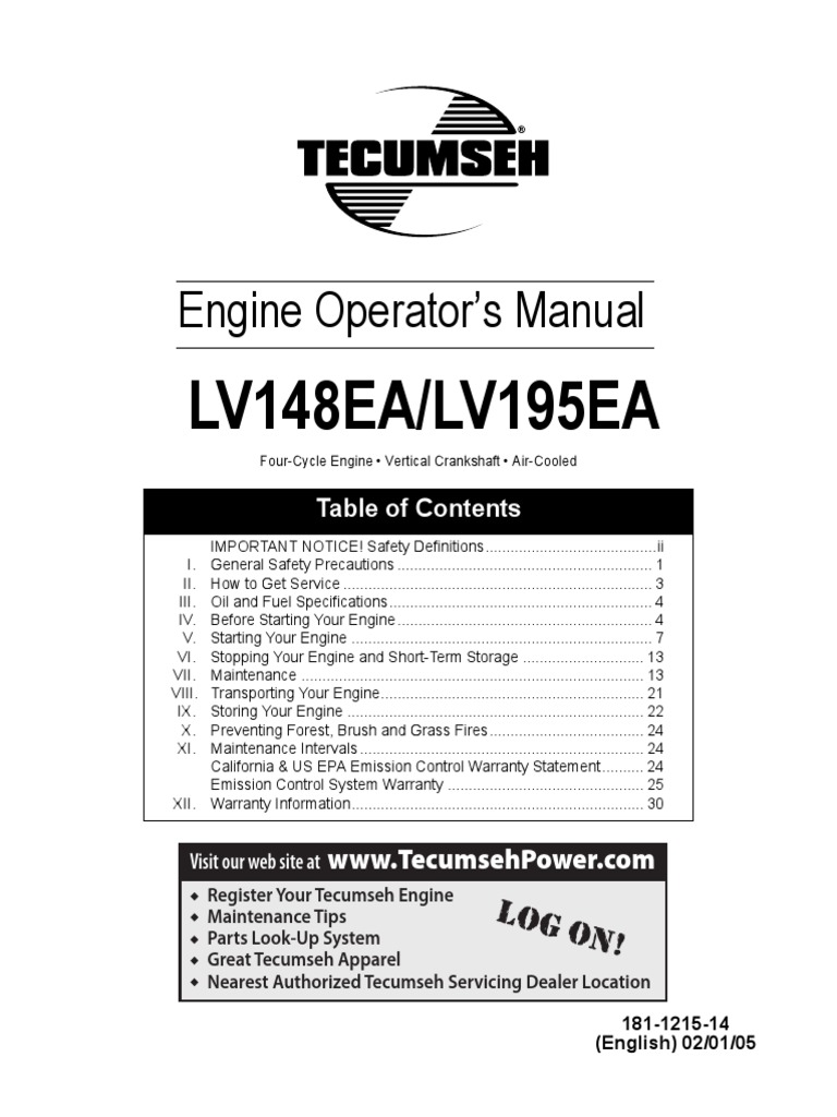 Tecumseh - LV148EA, LV195EA Engine Operators Manual (2005) WW | PDF ...