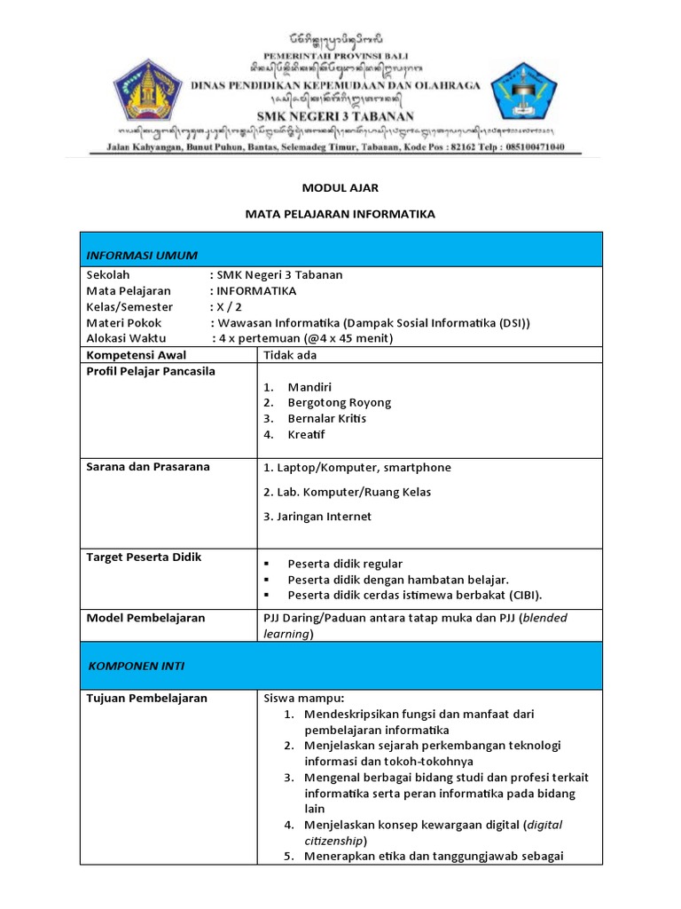 FORMAT MODUL AJAR Dampak Sosial Informatika (DSI) | PDF