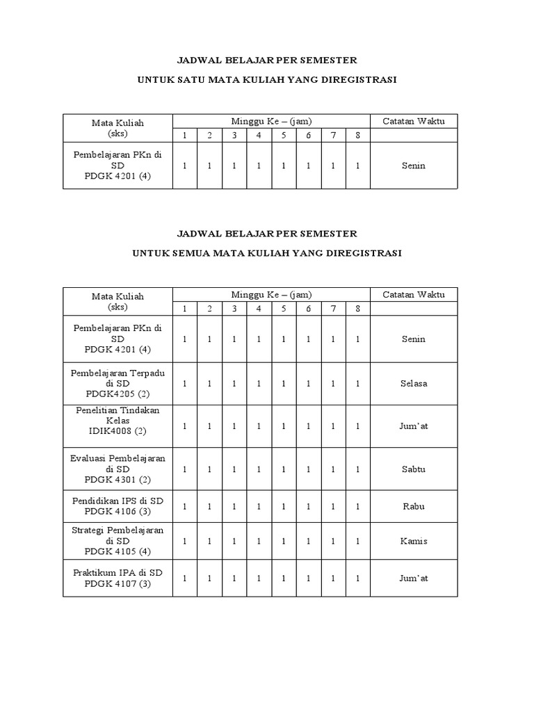 Jadwal Belajar Per Semester Ut PGSD Bi | PDF