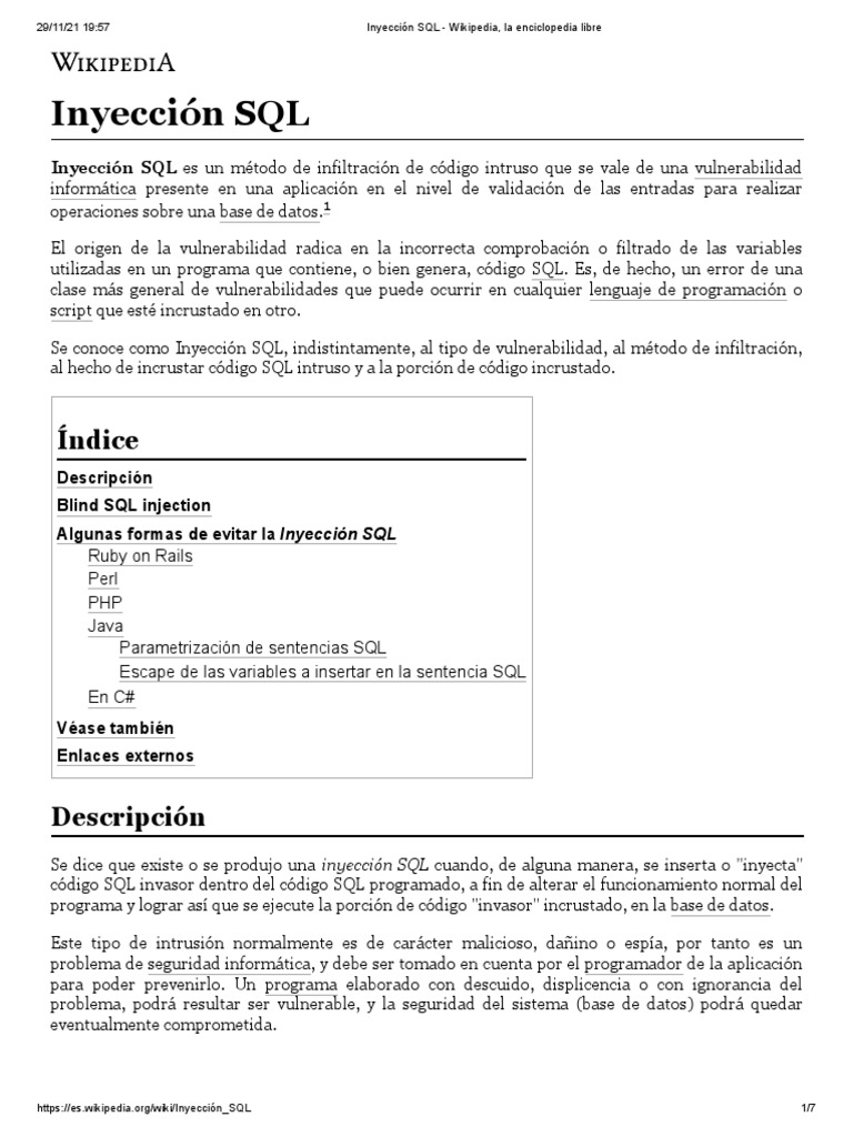 Inyección SQL - Wikipedia, La Enciclopedia Libre | PDF | Programación ...
